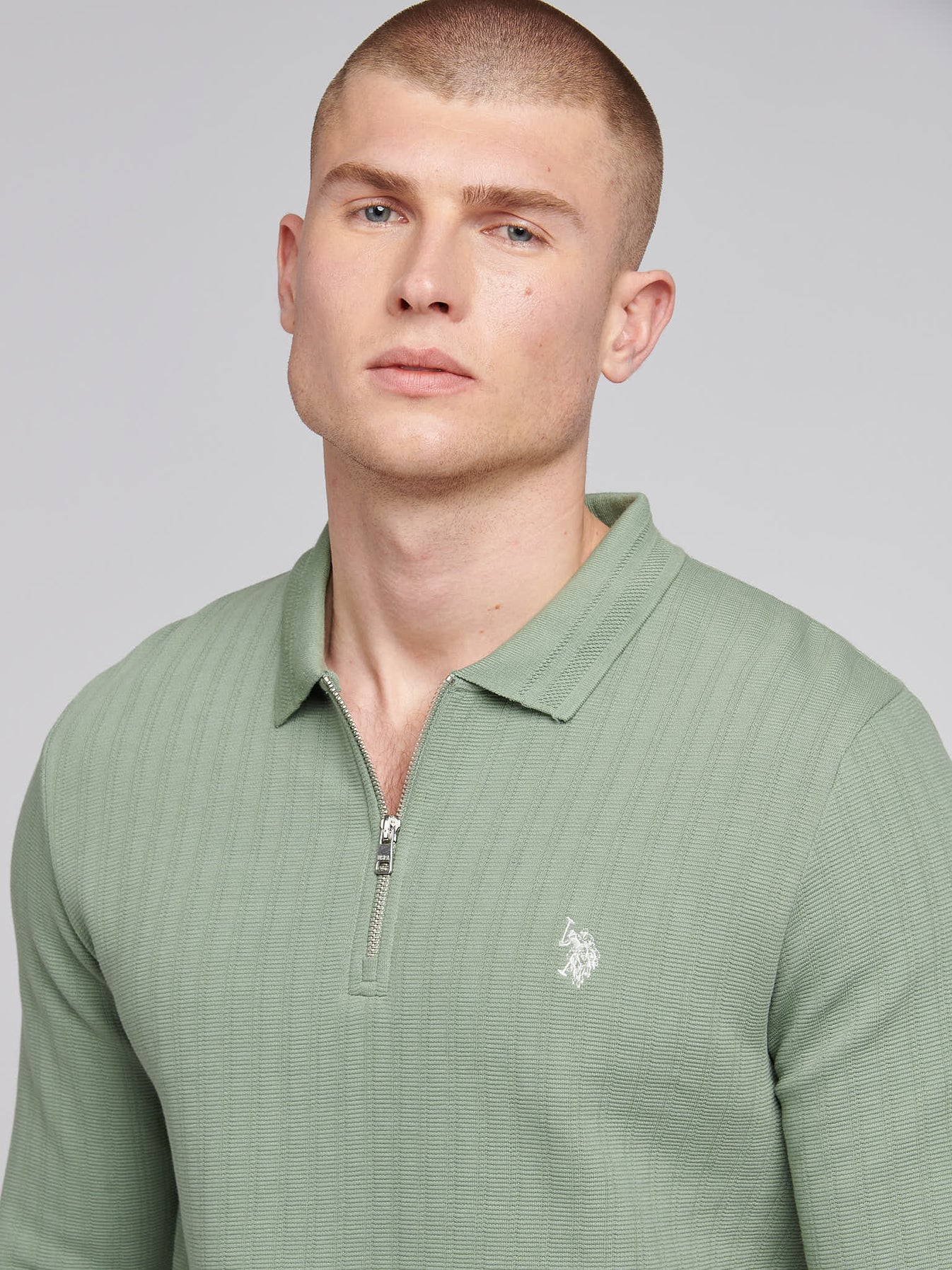 Mens Texture Zip Long Sleeve Polo Shirt in Green Bay – U.S. Polo Assn ...