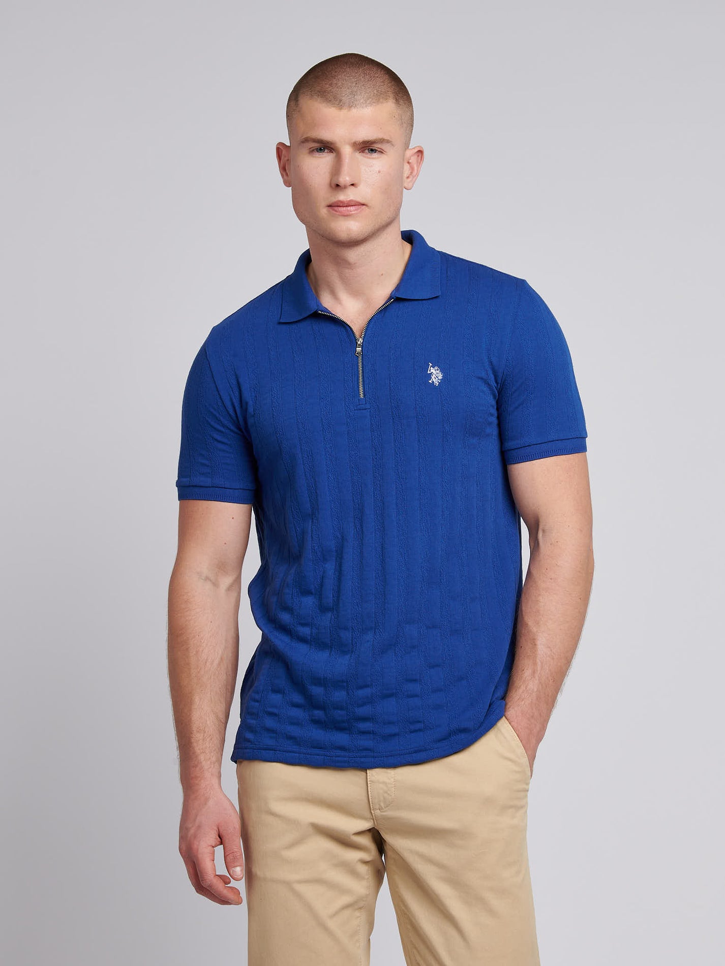 Mens Stripe Textured Zip Polo Shirt in Sodalite Blue – U.S. Polo Assn ...
