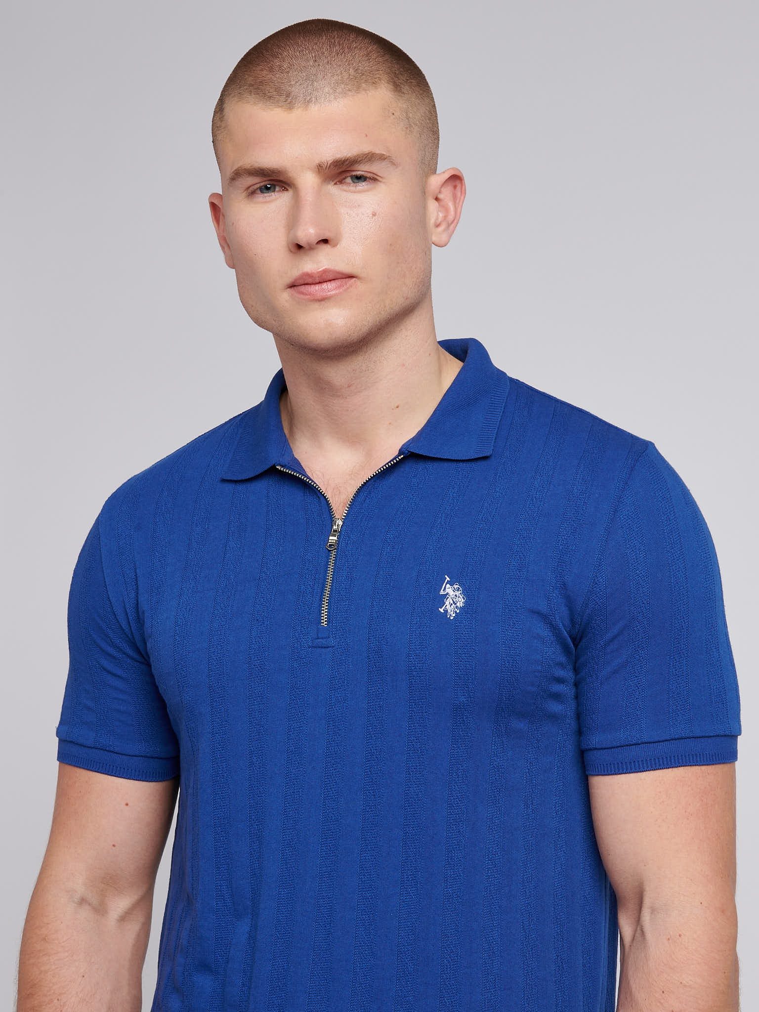 Mens Stripe Textured Zip Polo Shirt in Sodalite Blue – U.S. Polo Assn ...